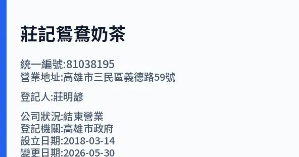 莊記鴛鴦奶茶的照片-統編 81038195(高雄市) 公司登記資料與營業項目詳細圖表