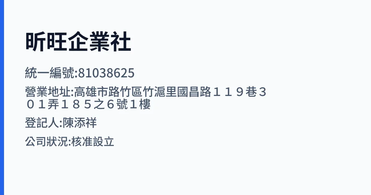 昕旺企業社 - 統編 81038625(高雄市) 公司登記資料與營業項目詳細圖表