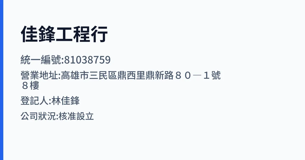 佳鋒工程行 - 統編 81038759(高雄市) 公司登記資料與營業項目詳細圖表