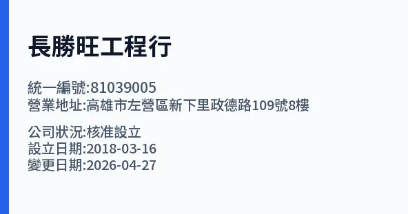 長勝旺工程行的照片-統編 81039005(高雄市) 公司登記資料與營業項目詳細圖表