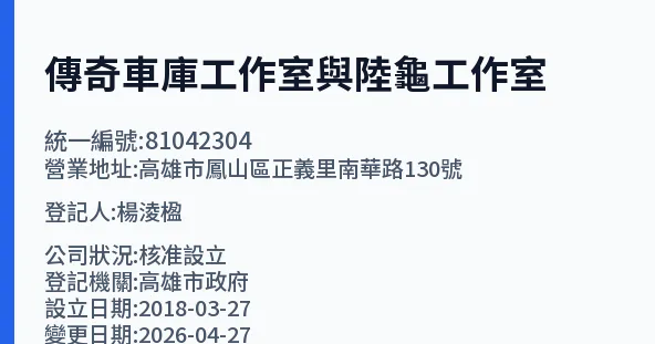 傳奇車庫工作室與陸龜工作室的照片-統編 81042304(高雄市) 公司登記資料與營業項目詳細圖表