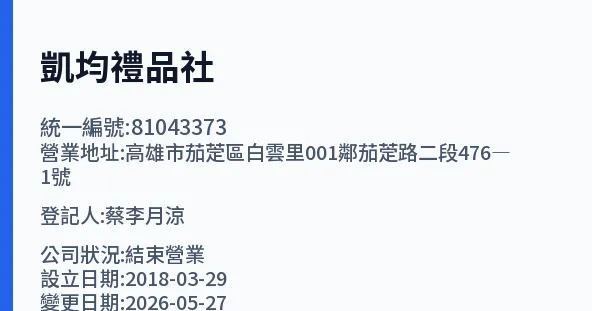凱均禮品社的照片-統編 81043373(高雄市) 公司登記資料與營業項目詳細圖表