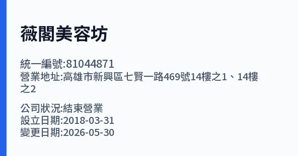 薇閣美容坊的照片-統編 81044871(高雄市) 公司登記資料與營業項目詳細圖表