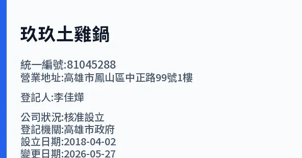 玖玖土雞鍋的照片-統編 81045288(高雄市) 公司登記資料與營業項目詳細圖表