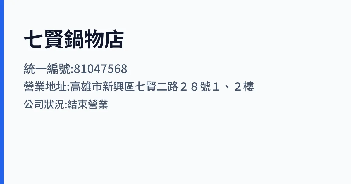 七賢鍋物店 - 統編 81047568(高雄市) 公司登記資料與營業項目詳細圖表