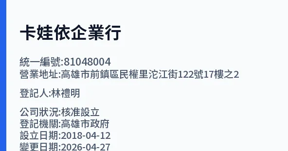 卡娃依企業行的照片-統編 81048004(高雄市) 公司登記資料與營業項目詳細圖表