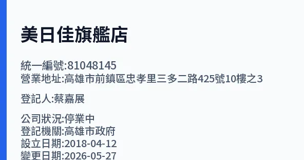 美日佳旗艦店的照片-統編 81048145(高雄市) 公司登記資料與營業項目詳細圖表