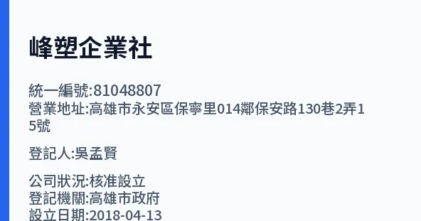 峰塑企業社的照片-統編 81048807(高雄市) 公司登記資料與營業項目詳細圖表