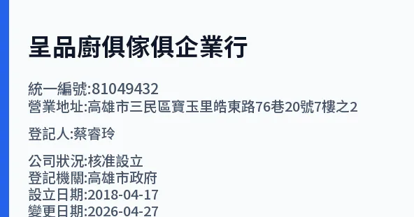 呈品廚俱傢俱企業行的照片-統編 81049432(高雄市) 公司登記資料與營業項目詳細圖表