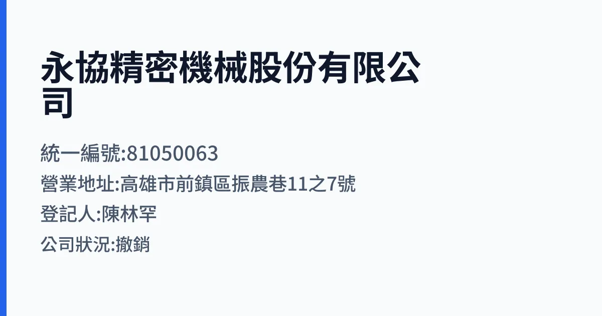 永協精密機械股份有限公司 - 統編 81050063(高雄市) 公司登記資料與營業項目詳細圖表