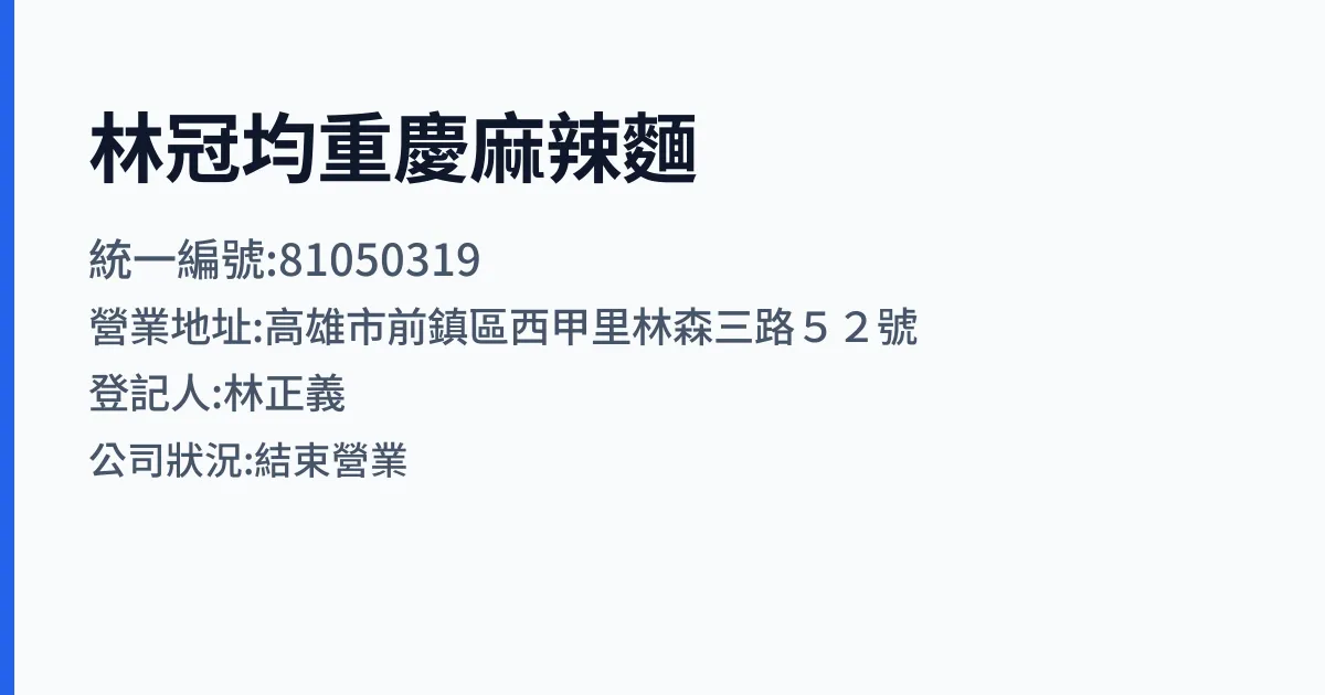 林冠均重慶麻辣麵 - 統編 81050319(高雄市) 公司登記資料與營業項目詳細圖表