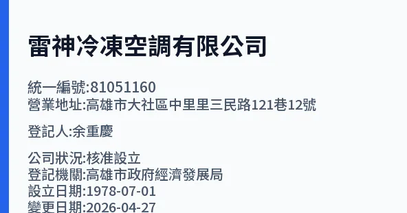 雷神冷凍空調有限公司的照片-統編 81051160(高雄市) 公司登記資料與營業項目詳細圖表