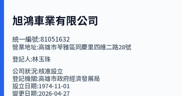 旭鴻車業有限公司的照片-統編 81051632(高雄市) 公司登記資料與營業項目詳細圖表