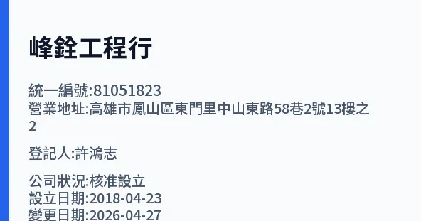 峰銓工程行的照片-統編 81051823(高雄市) 公司登記資料與營業項目詳細圖表
