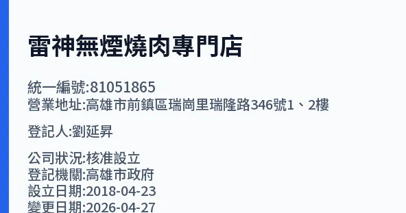 雷神無煙燒肉專門店的照片-統編 81051865(高雄市) 公司登記資料與營業項目詳細圖表