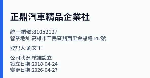 正鼎汽車精品企業社的照片-統編 81052127(高雄市) 公司登記資料與營業項目詳細圖表