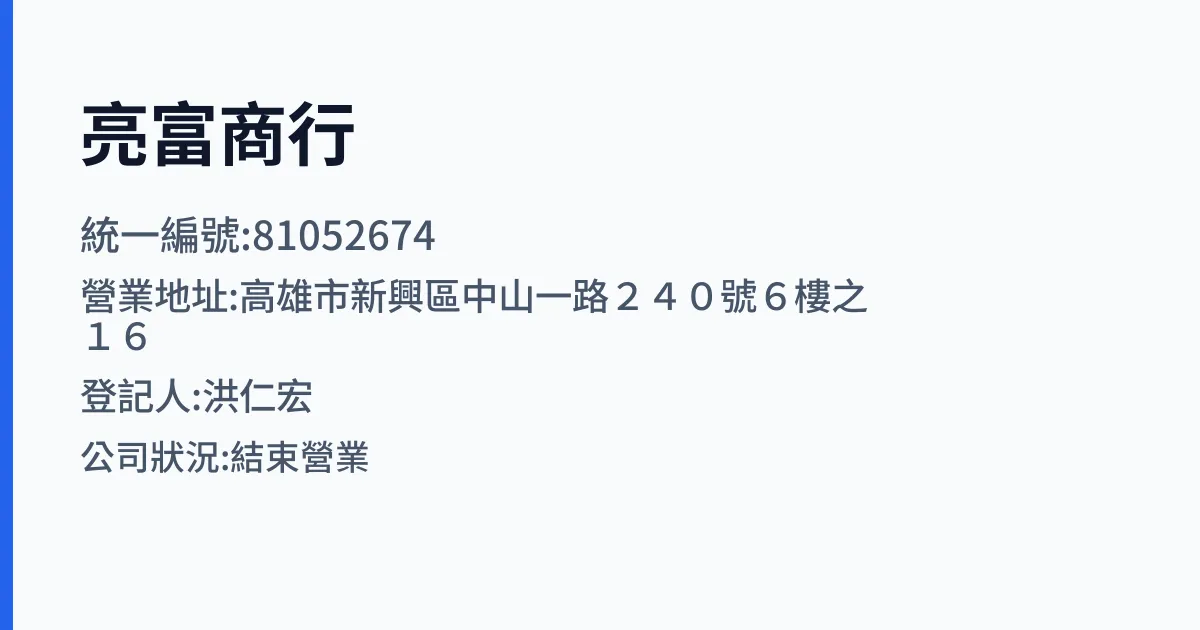 亮富商行 - 統編 81052674(高雄市) 公司登記資料與營業項目詳細圖表