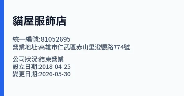 貓屋服飾店的照片-統編 81052695(高雄市) 公司登記資料與營業項目詳細圖表