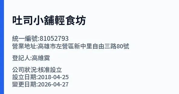 吐司小舖輕食坊的照片-統編 81052793(高雄市) 公司登記資料與營業項目詳細圖表