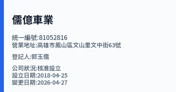 儒億車業的照片-統編 81052816(高雄市) 公司登記資料與營業項目詳細圖表