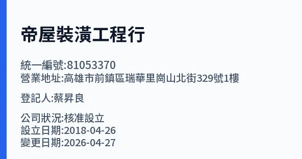 帝屋裝潢工程行的照片-統編 81053370(高雄市) 公司登記資料與營業項目詳細圖表