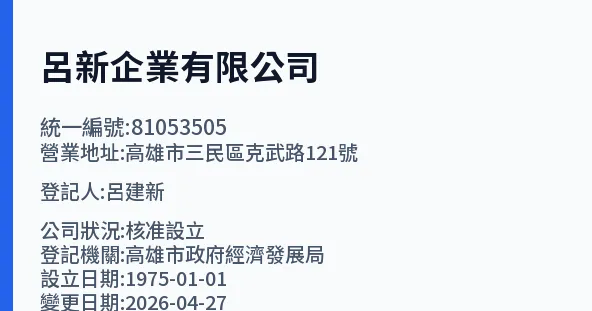呂新企業有限公司的照片-統編 81053505(高雄市) 公司登記資料與營業項目詳細圖表
