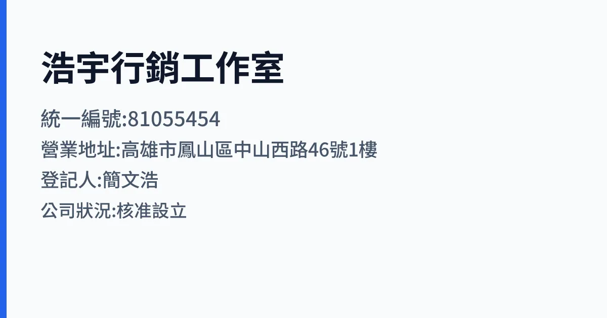 浩宇行銷工作室 - 統編 81055454(高雄市) 公司登記資料與營業項目詳細圖表