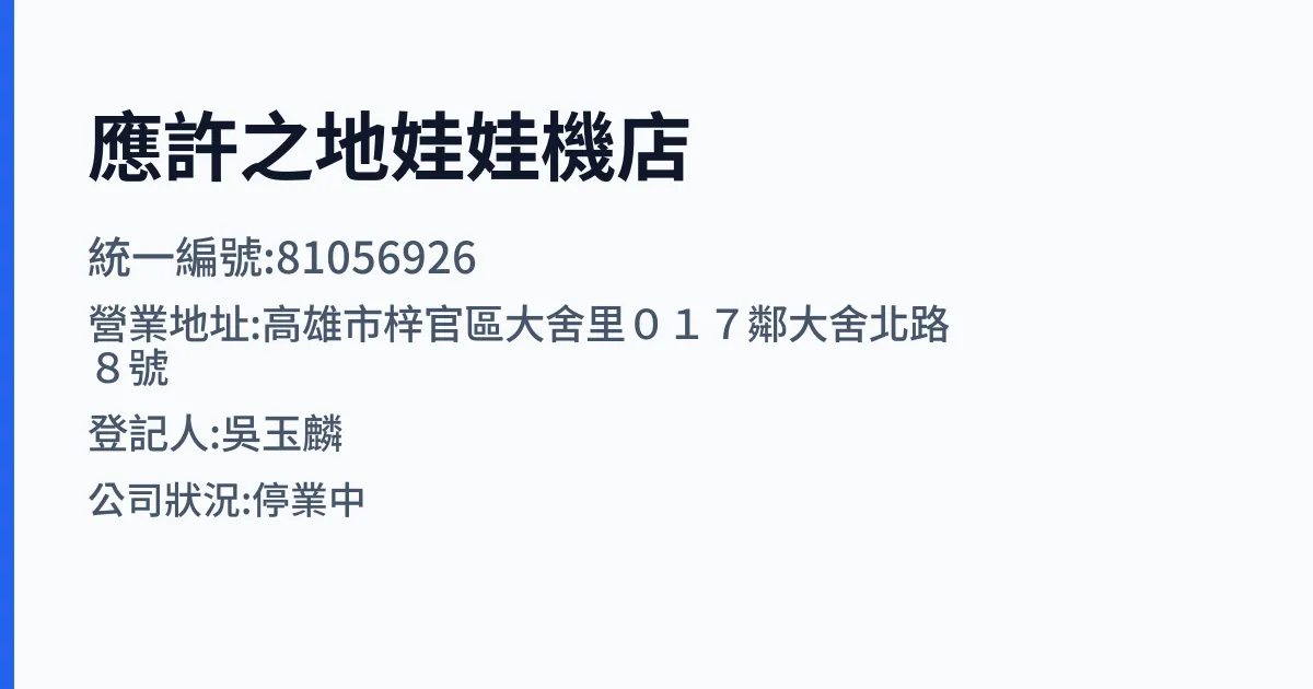 應許之地娃娃機店 - 統編 81056926(高雄市) 公司登記資料與營業項目詳細圖表