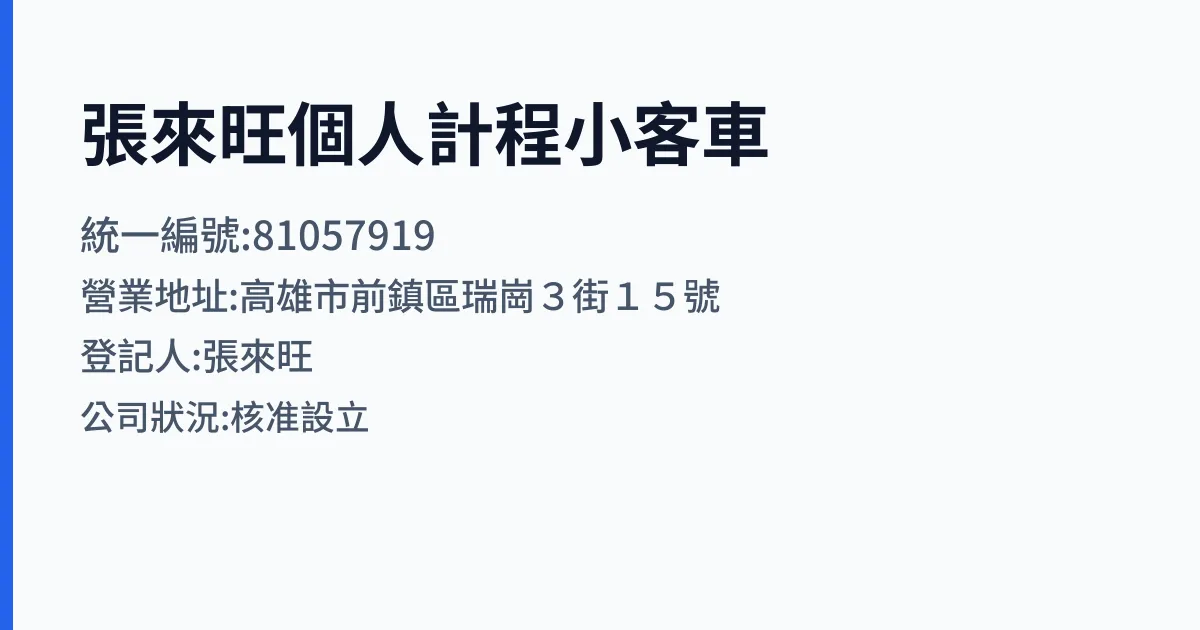 張來旺個人計程小客車 - 統編 81057919(高雄市) 公司登記資料與營業項目詳細圖表