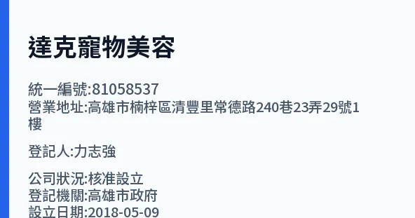 達克寵物美容的照片-統編 81058537(高雄市) 公司登記資料與營業項目詳細圖表