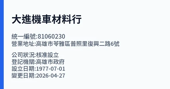大進機車材料行的照片-統編 81060230(高雄市) 公司登記資料與營業項目詳細圖表