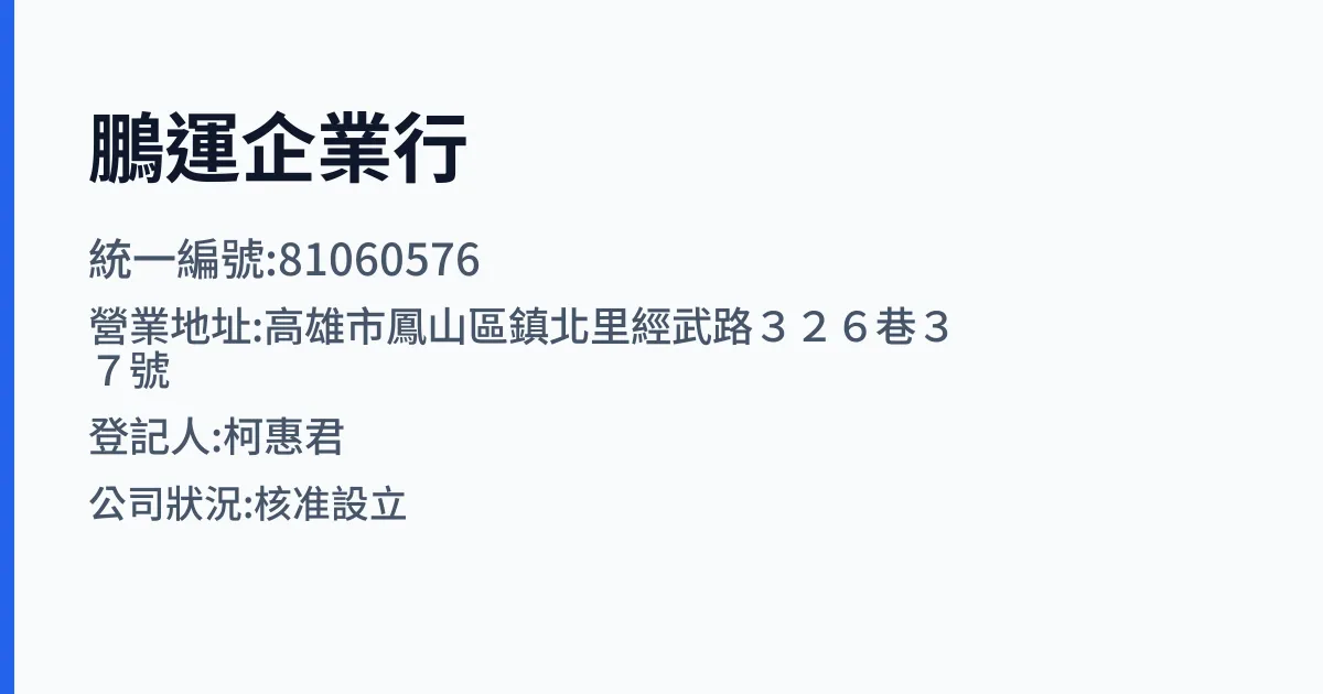 鵬運企業行 - 統編 81060576(高雄市) 公司登記資料與營業項目詳細圖表