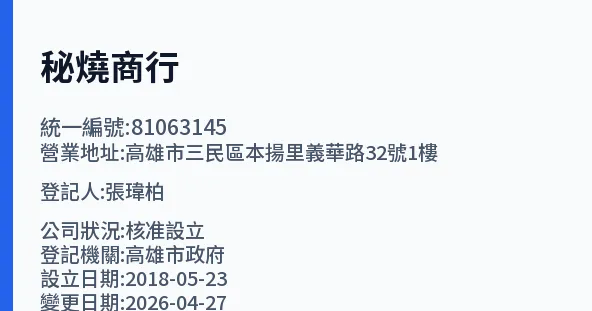 秘燒商行的照片-統編 81063145(高雄市) 公司登記資料與營業項目詳細圖表
