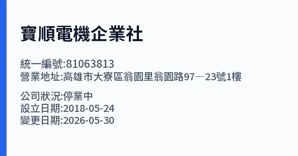 寶順電機企業社的照片-統編 81063813(高雄市) 公司登記資料與營業項目詳細圖表