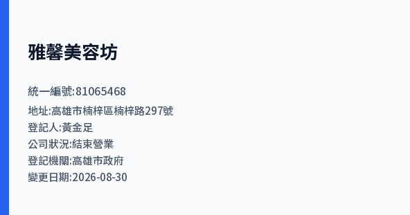 雅馨美容坊的照片-統編 81065468(高雄市) 公司登記資料與營業項目詳細圖表