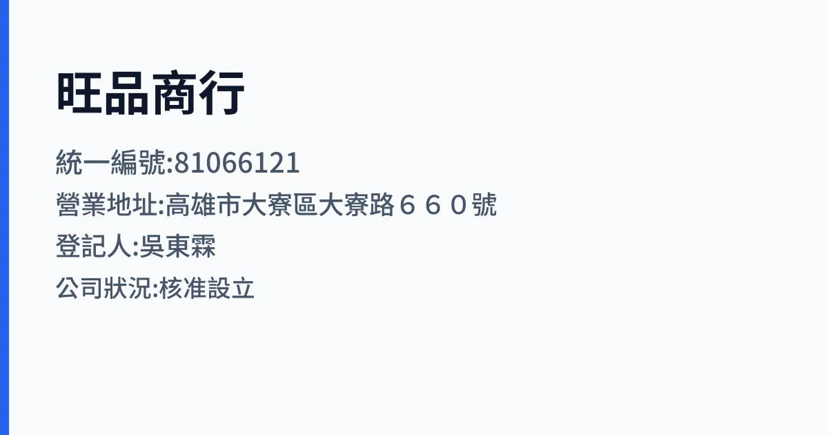 旺品商行 - 統編 81066121(高雄市) 公司登記資料與營業項目詳細圖表