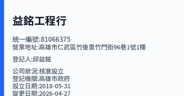 益銘工程行的照片-統編 81066375(高雄市) 公司登記資料與營業項目詳細圖表