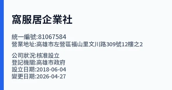 窩服居企業社的照片-統編 81067584(高雄市) 公司登記資料與營業項目詳細圖表