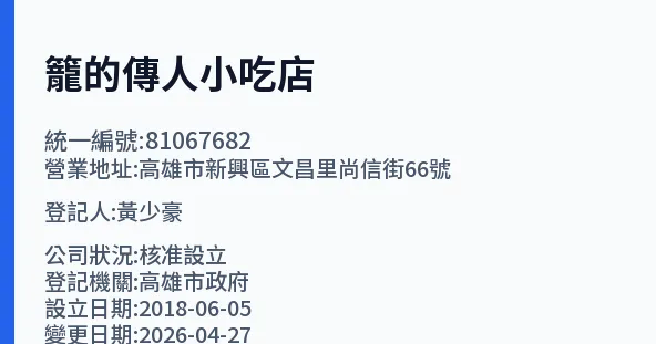 籠的傳人小吃店的照片-統編 81067682(高雄市) 公司登記資料與營業項目詳細圖表