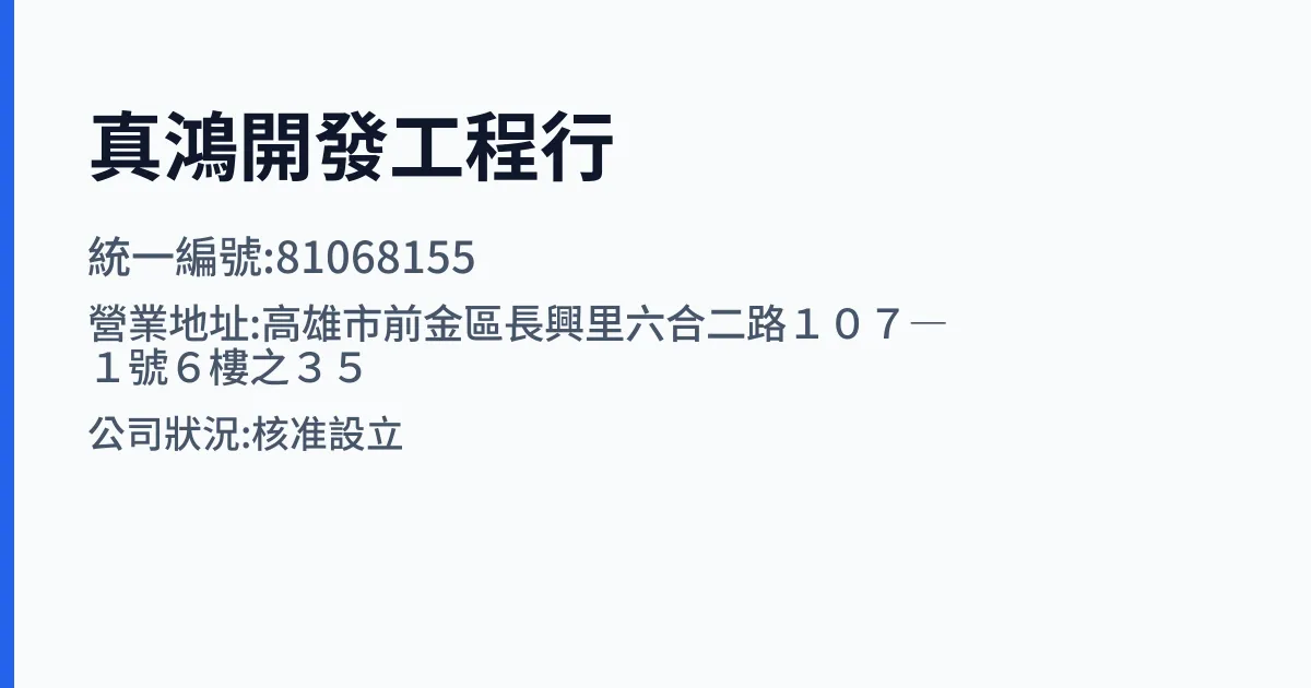 真鴻開發工程行 - 統編 81068155(高雄市) 公司登記資料與營業項目詳細圖表