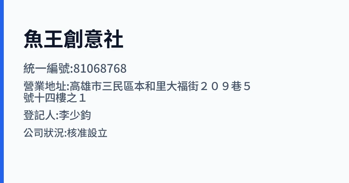 魚王創意社 - 統編 81068768(高雄市) 公司登記資料與營業項目詳細圖表