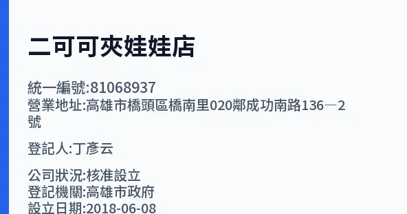 二可可夾娃娃店的照片-統編 81068937(高雄市) 公司登記資料與營業項目詳細圖表
