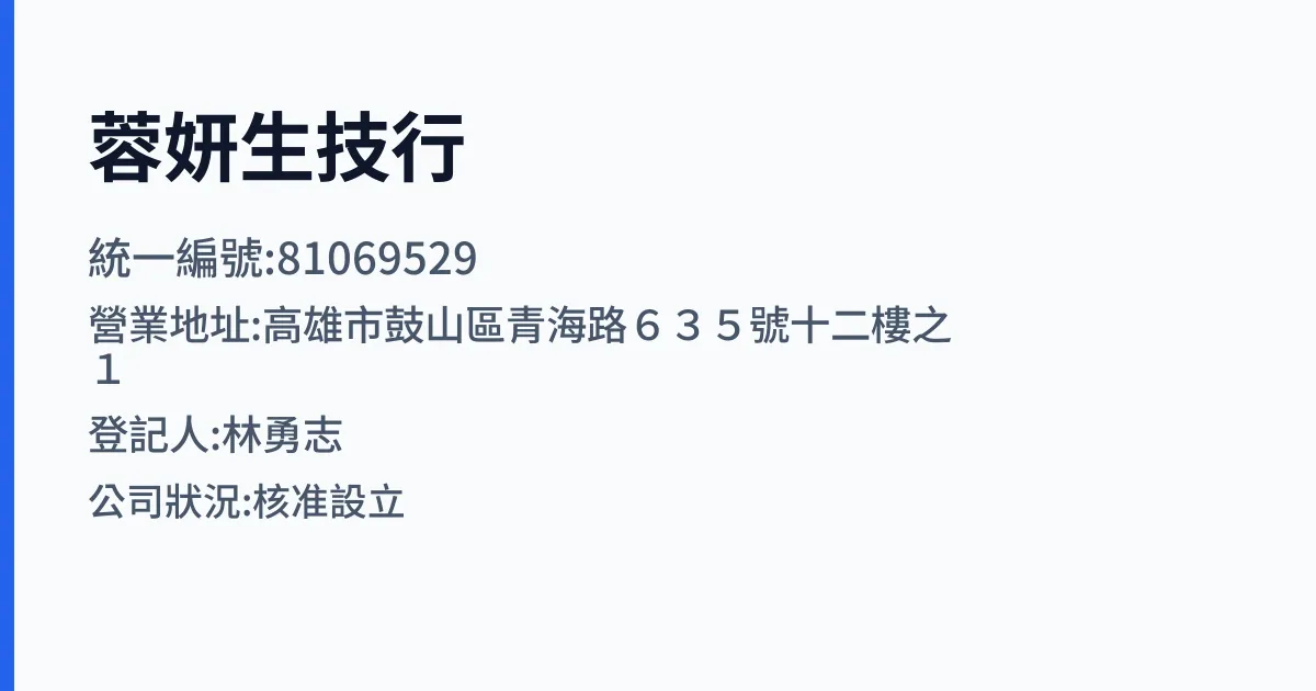 蓉妍生技行 - 統編 81069529(高雄市) 公司登記資料與營業項目詳細圖表