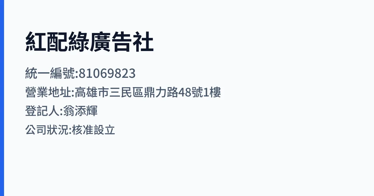 紅配綠廣告社 - 統編 81069823(高雄市) 公司登記資料與營業項目詳細圖表