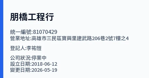 朋橋工程行的照片-統編 81070429(高雄市) 公司登記資料與營業項目詳細圖表