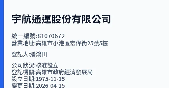 宇航通運股份有限公司的照片-統編 81070672(高雄市) 公司登記資料與營業項目詳細圖表