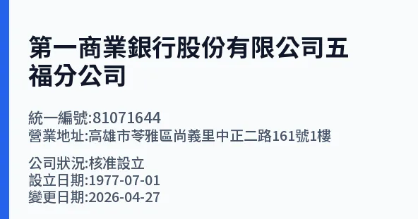 第一商業銀行股份有限公司五福分公司的照片-統編 81071644(高雄市) 公司登記資料與營業項目詳細圖表