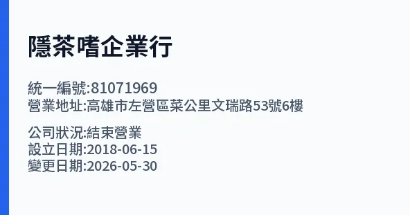 隱茶嗜企業行的照片-統編 81071969(高雄市) 公司登記資料與營業項目詳細圖表