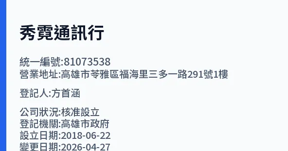 秀霓通訊行的照片-統編 81073538(高雄市) 公司登記資料與營業項目詳細圖表