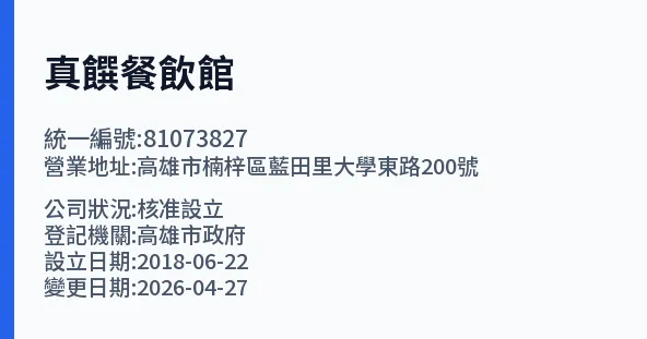 真饌餐飲館的照片-統編 81073827(高雄市) 公司登記資料與營業項目詳細圖表